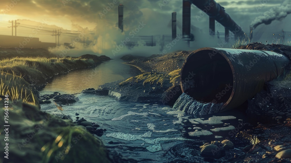 dirty water pollution. Industrial and factory wastewater discharge pipe ...