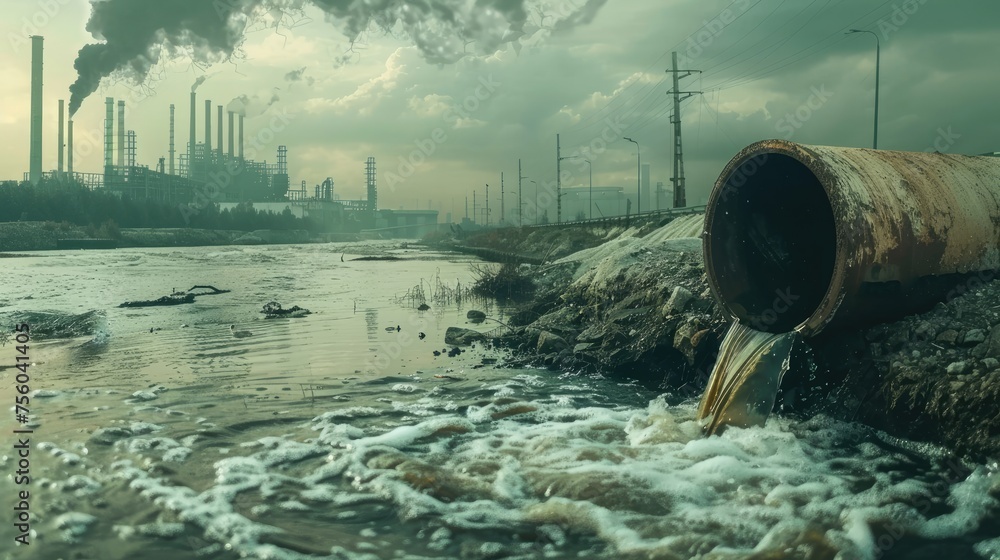 dirty water pollution. Industrial and factory wastewater discharge pipe ...