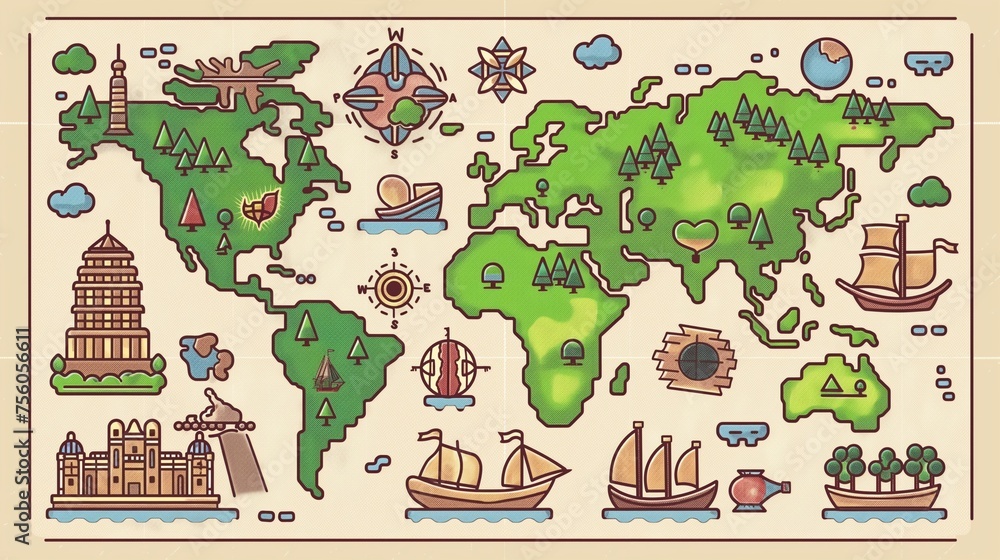 simple pixel art game map of the world with icons ( retro style ) Stock ...
