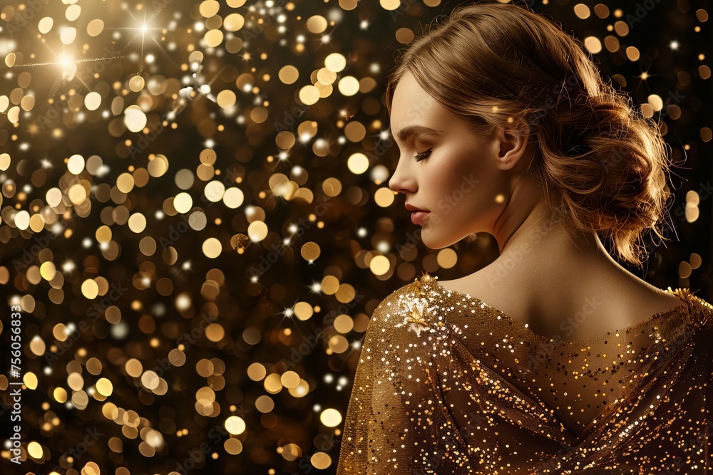 Glamorous portrait of a woman in a sparkling gold dress against a ...
