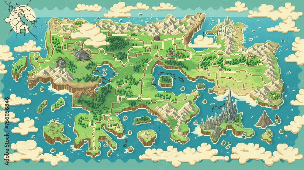 simple pixel art game map island with clouds, trees, mountains ( retro ...