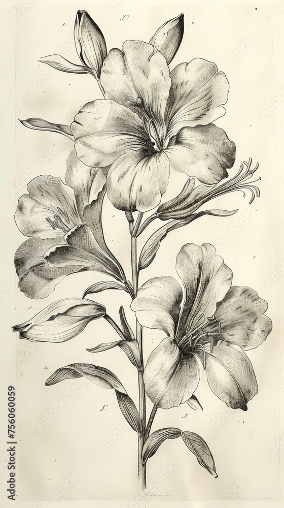 Nostalgic old engraving, delicate flowers immortalized in intricate ...
