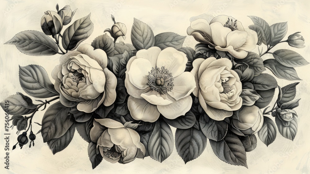 Nostalgic old engraving, delicate flowers immortalized in intricate ...