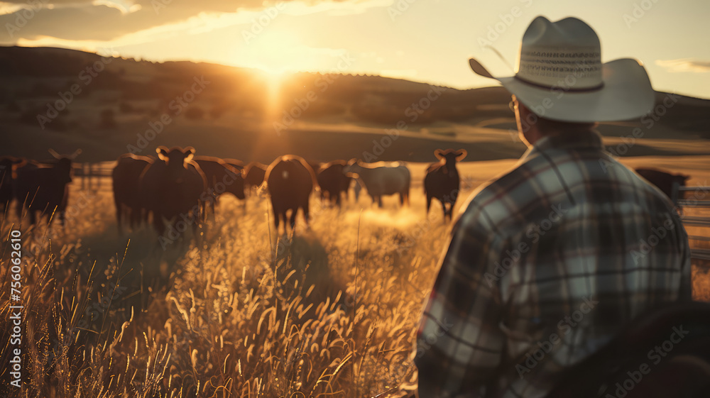Cowboy, cattle, bull and cow in a farm, field with sunset background ...