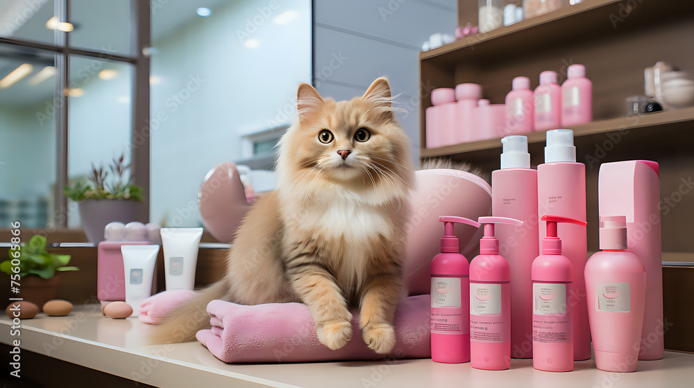 Fluffy Cat Amidst Beauty Products on Vanity. An adorable fluffy cat ...