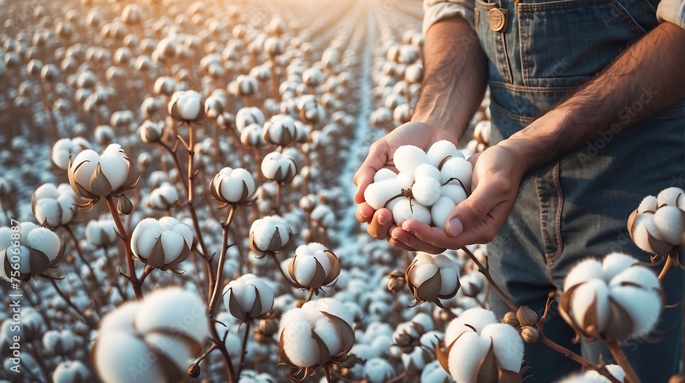 Farmer hand picking white boll of cotton. Cotton farm. Field of cotton ...