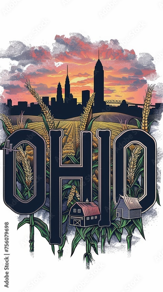 Rustic Ohio Design with Farmland and Urban Skyline, Perfect for ...