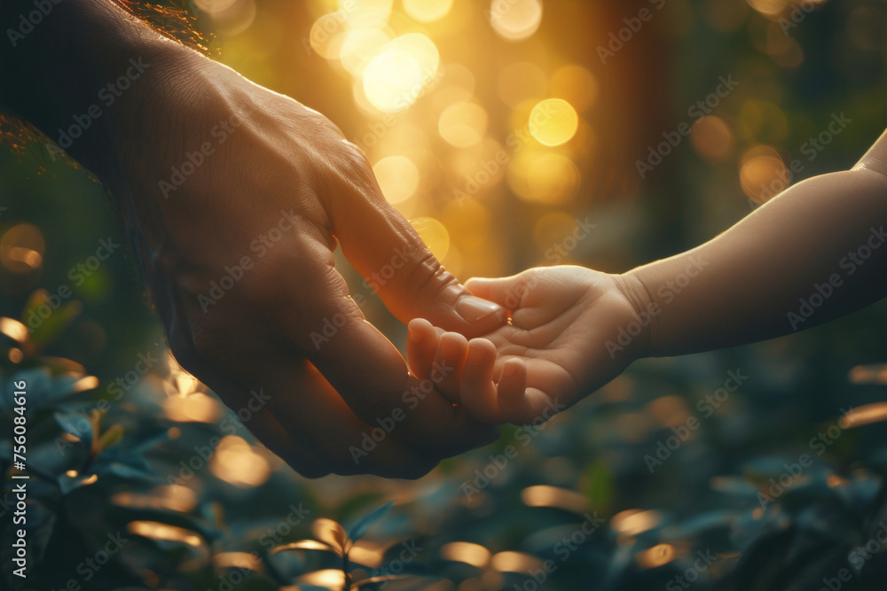 Dad and his child walking together in sunset. Closeup holding hands ...