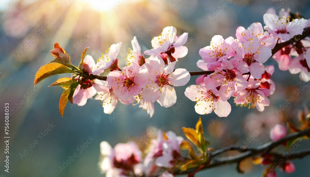 pink cherry blossom in spring, Flock of birds are singing happily on ...