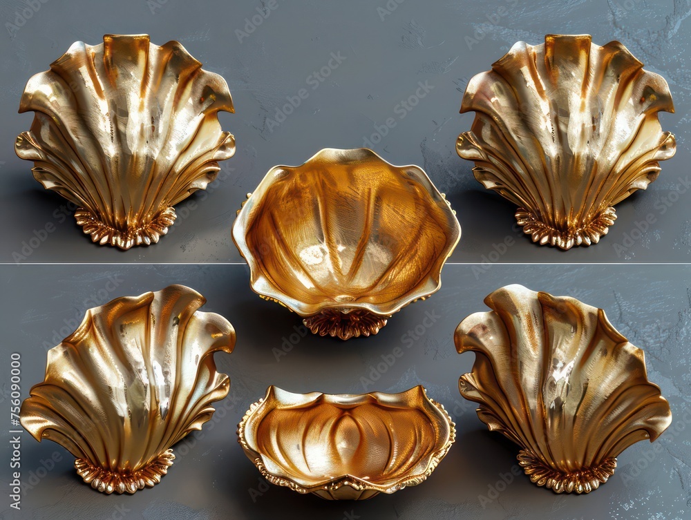 gold sea clam pendant, multiple angles, digital concept art, multiple ...