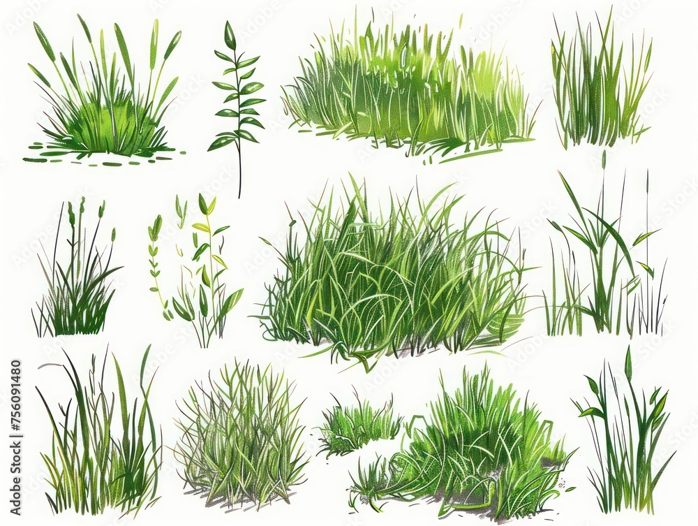 line art of green grass in various shapes and sizes, from single blades ...