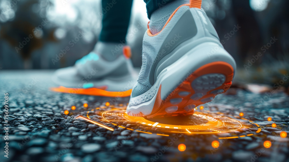 An extreme closeup of a shoe insert with an embedded sensor tracking ...
