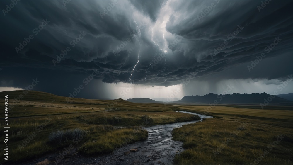 Describe a tumultuous open world landscape amidst a powerful storm ...