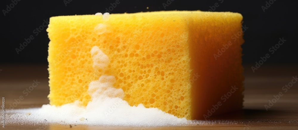 An amber sponge is placed on a rectangle wooden table beside a stack of ...