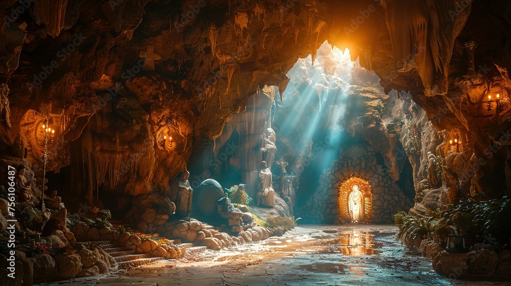 Empty tomb with stone rocky cave and light rays bursting from within ...
