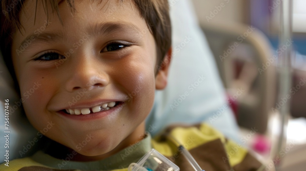 A closeup image of a young boy smiling brightly as he receives an ...