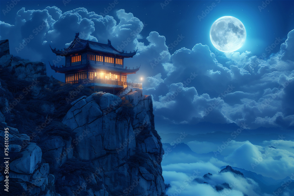 Asian Traditional house in the edge of rock cliff in the blue midnight ...