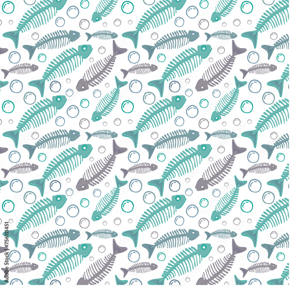 Skeletons of floating fish with bubbles at the bottom. vector seamless ...