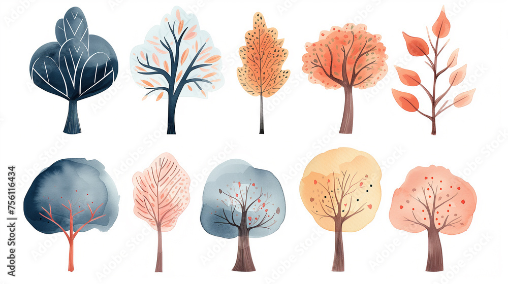 Collection of cute watercolor clipart tree set isolated on a white ...