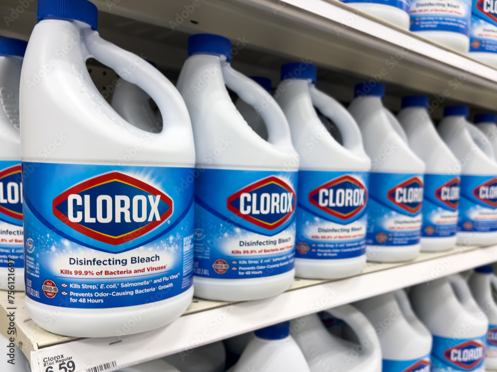 Plastic containers of Clorox brand disinfecting bleach for sale at a ...