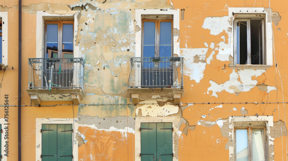 An image of a building with a damaged facade but with patches of ...