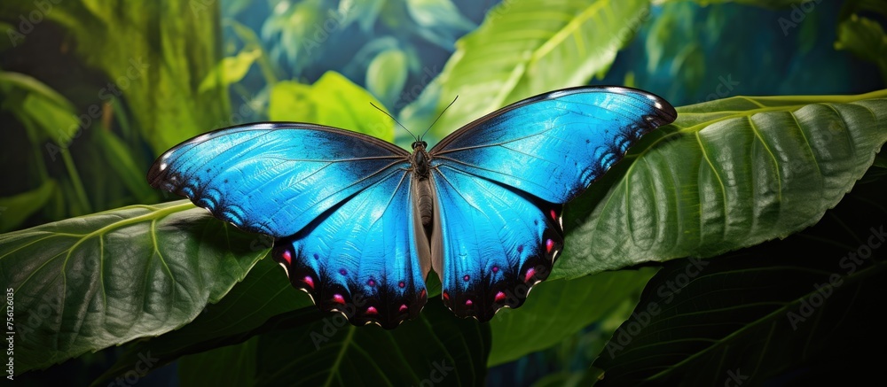 An electric blue butterfly, a pollinator insect, is peacefully sitting ...