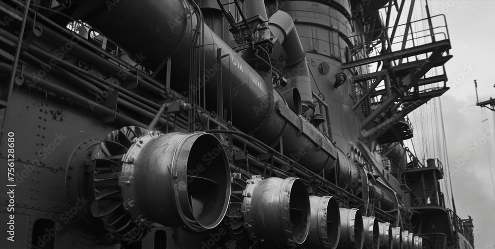 A vast array of exhaust pipes and stacks can be seen protruding from ...