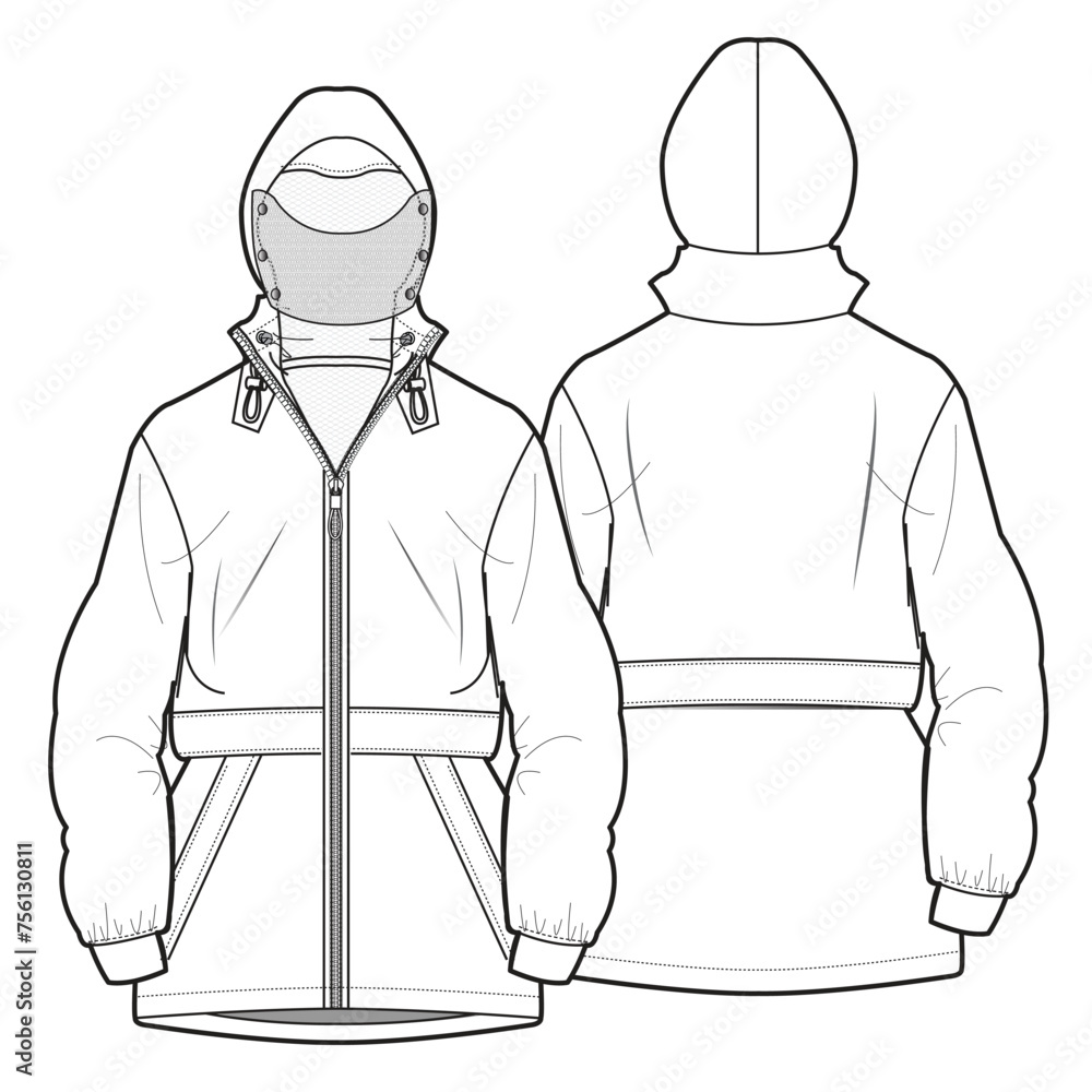 Ladies windbreaker jacket front and back view technical flat drawing ...