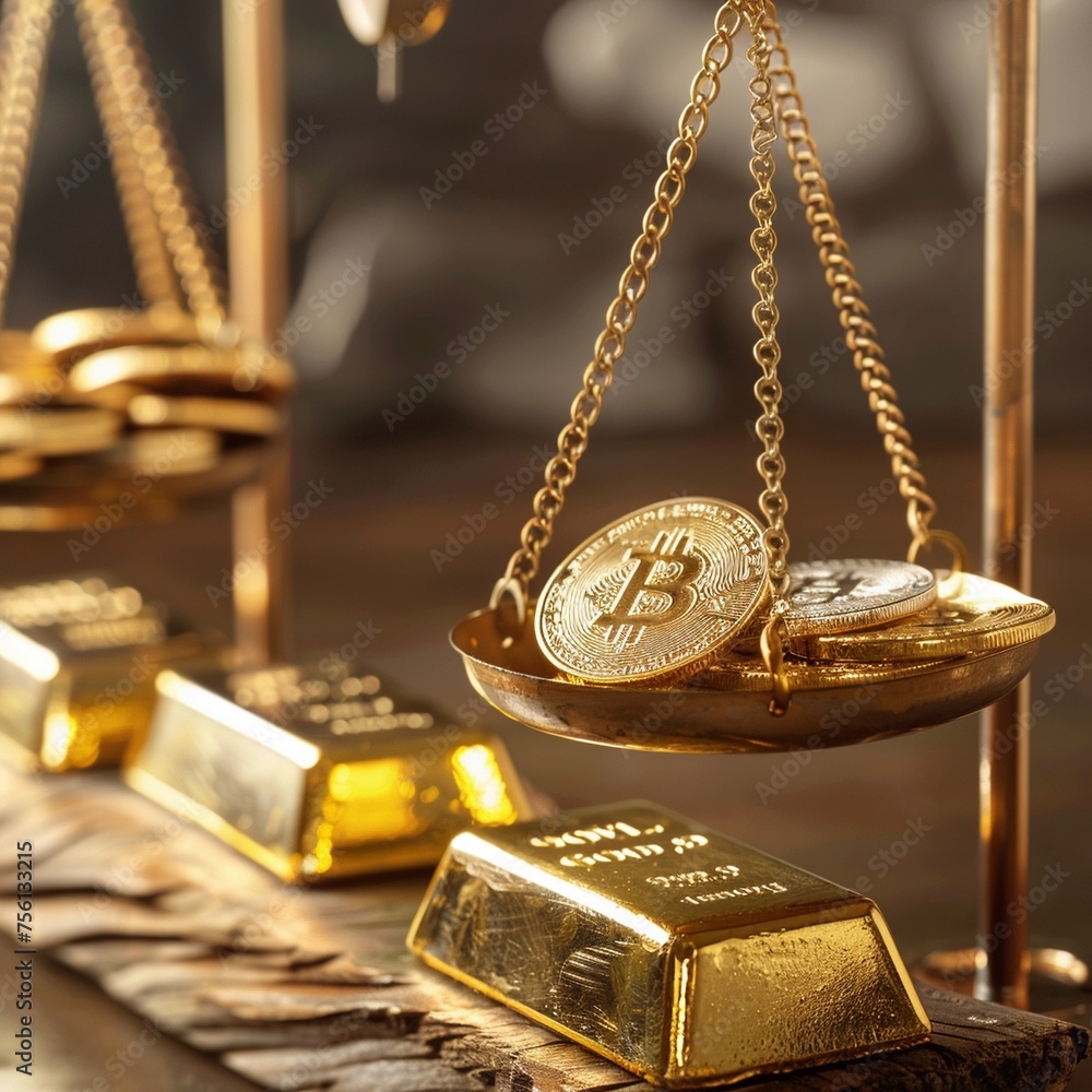 Conceptual image of a digital scale balancing gold bars and digital ...