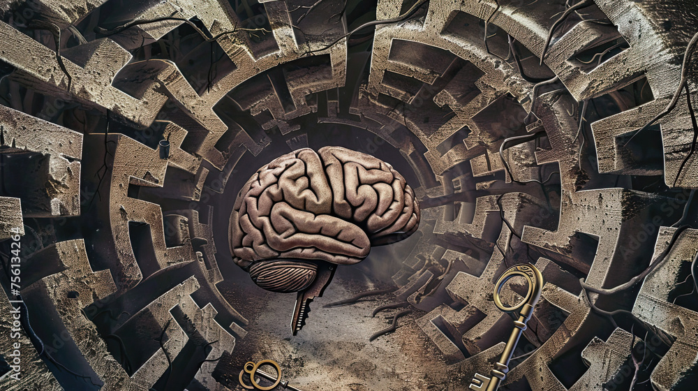 Surreal brain maze with keys and enigmatic pathways, representing the ...