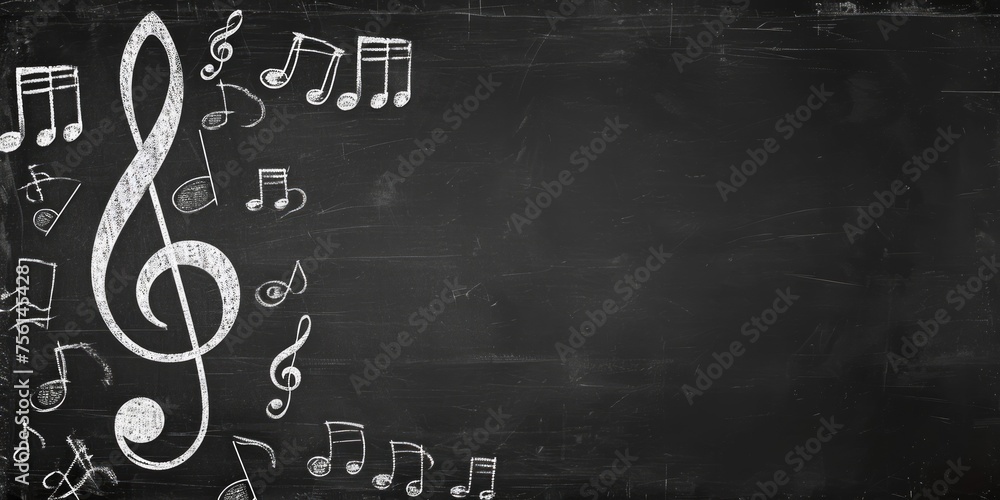 Chalkboard with musical notes , A chalkboard covered in musical notes ...