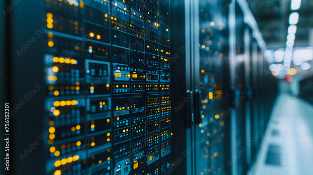 Server room with rows of illuminated server racks in a data center ...