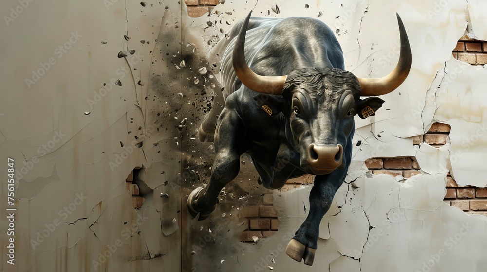 bull running hit through broken wall Stock Illustration | Adobe Stock