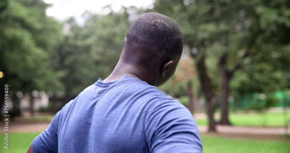 Fitness, neck stretching and black man in park for outdoor morning ...