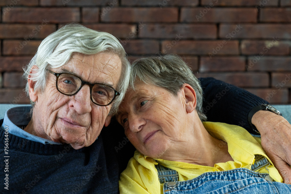 The image depicts an affectionate senior couple leaning on each other ...