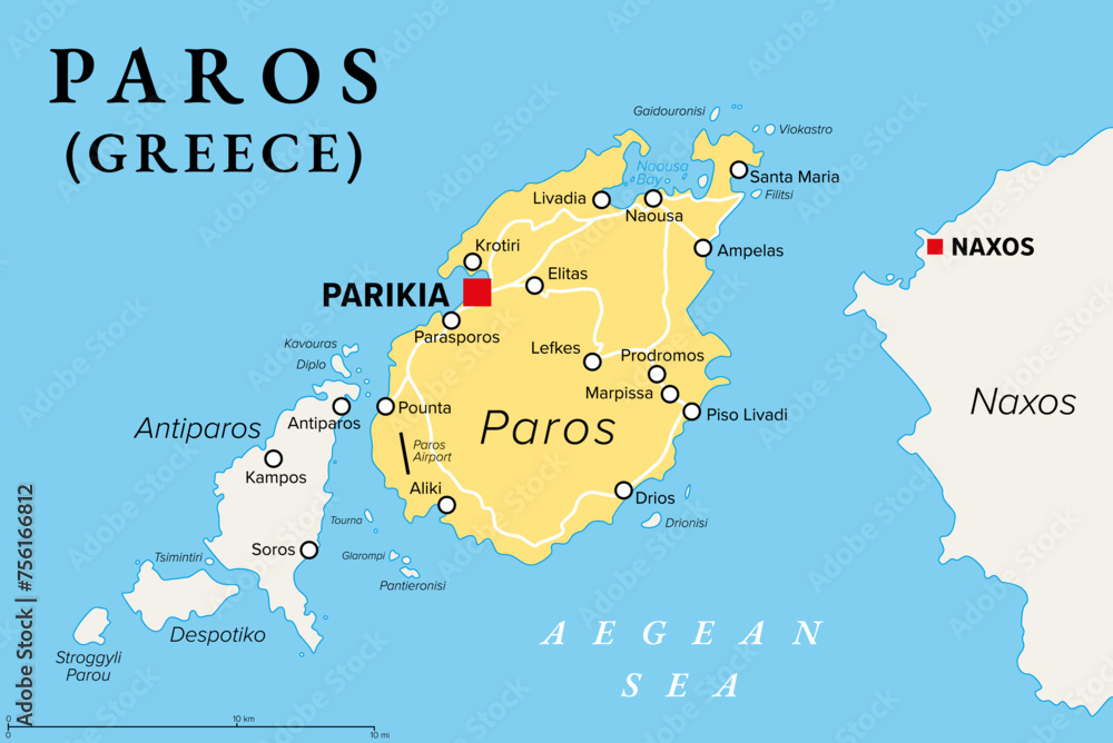 Paros, Greek island, political map. Island of Greece in the Aegean Sea ...