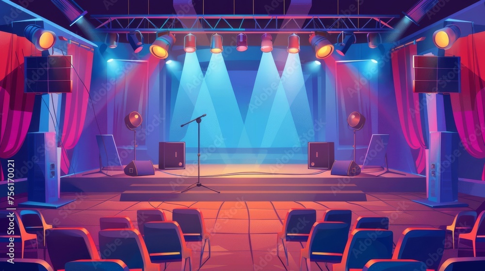 Setup of a talent show stage in a big hall with microphones ...