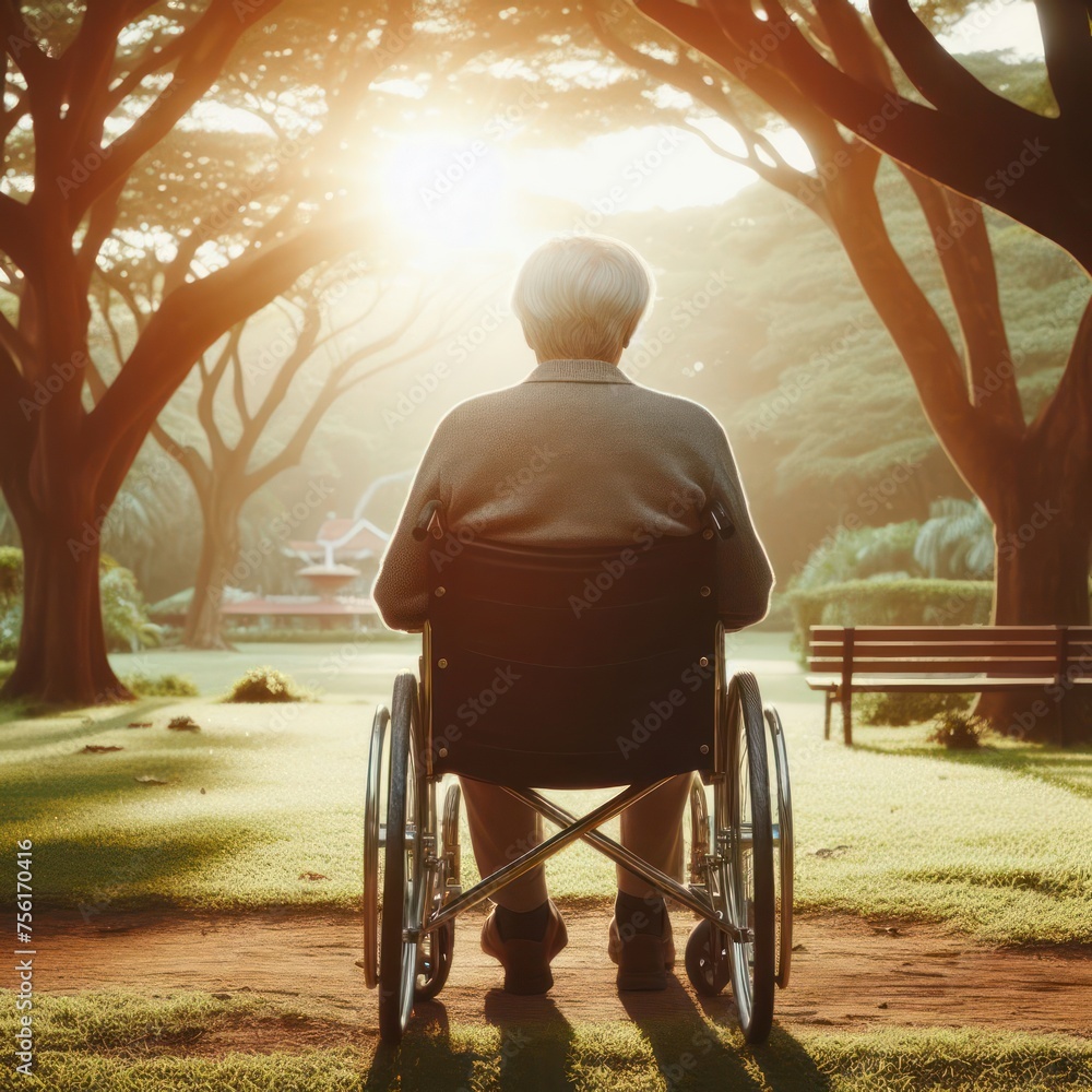 An old man in a wheelchair in the park. An alone old man with ...
