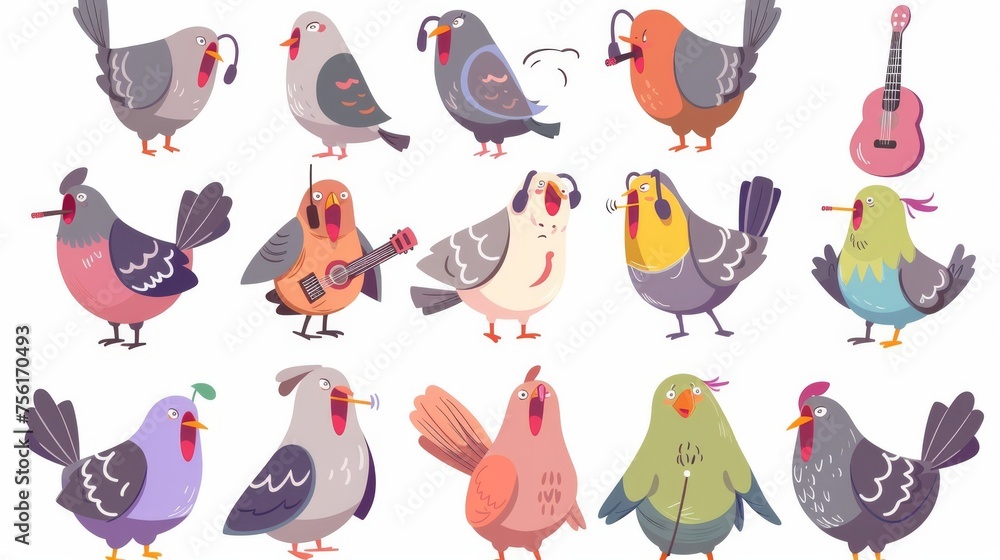 Set of funny cartoon pigeon characters isolated on a white background ...