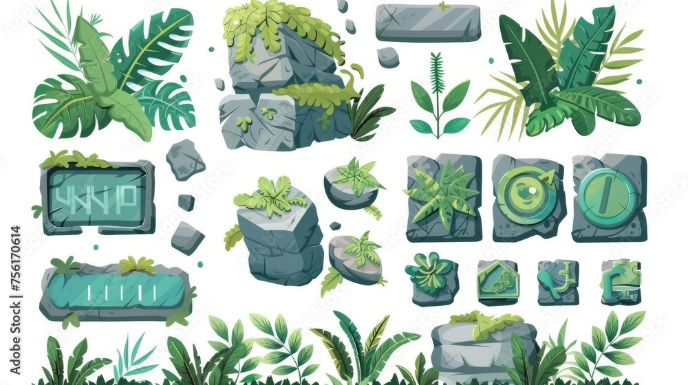 Isolated cartoon illustration of jungle adventure game buttons set with ...