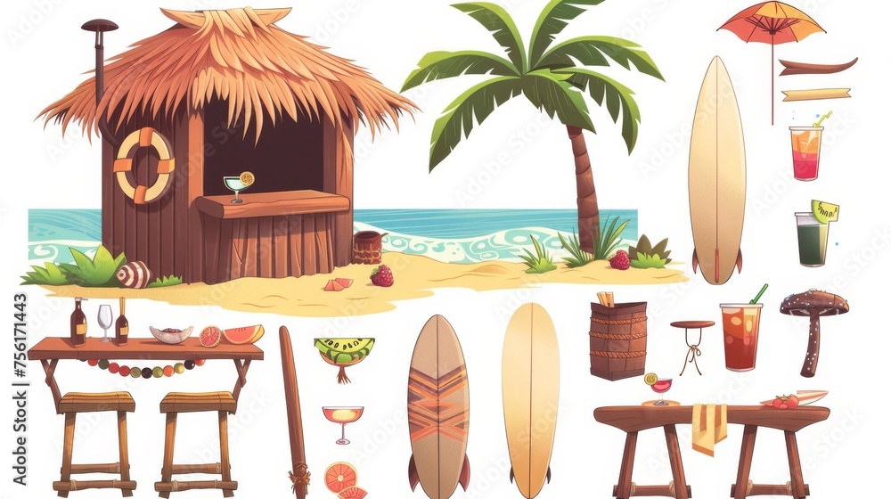 Cartoon modern illustration of a tiki bar on the beach and a standing ...