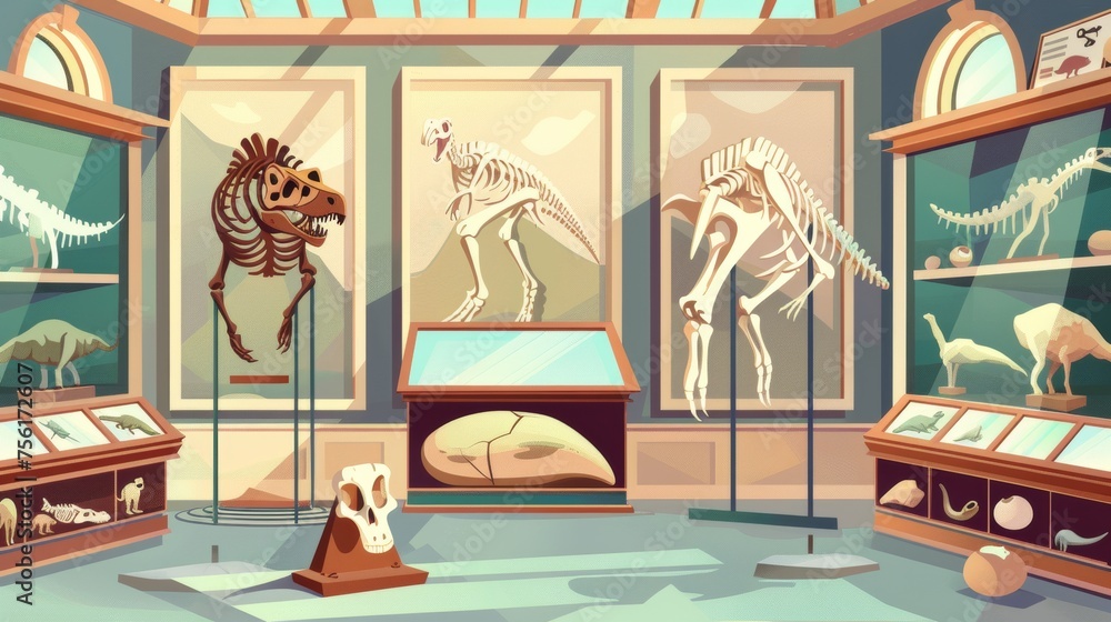 A cartoon illustration of an archeology museum interior showing ...