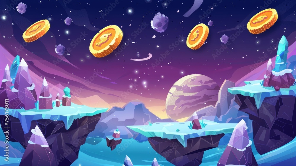 Game level route with coins to collect on floating land islands on ...