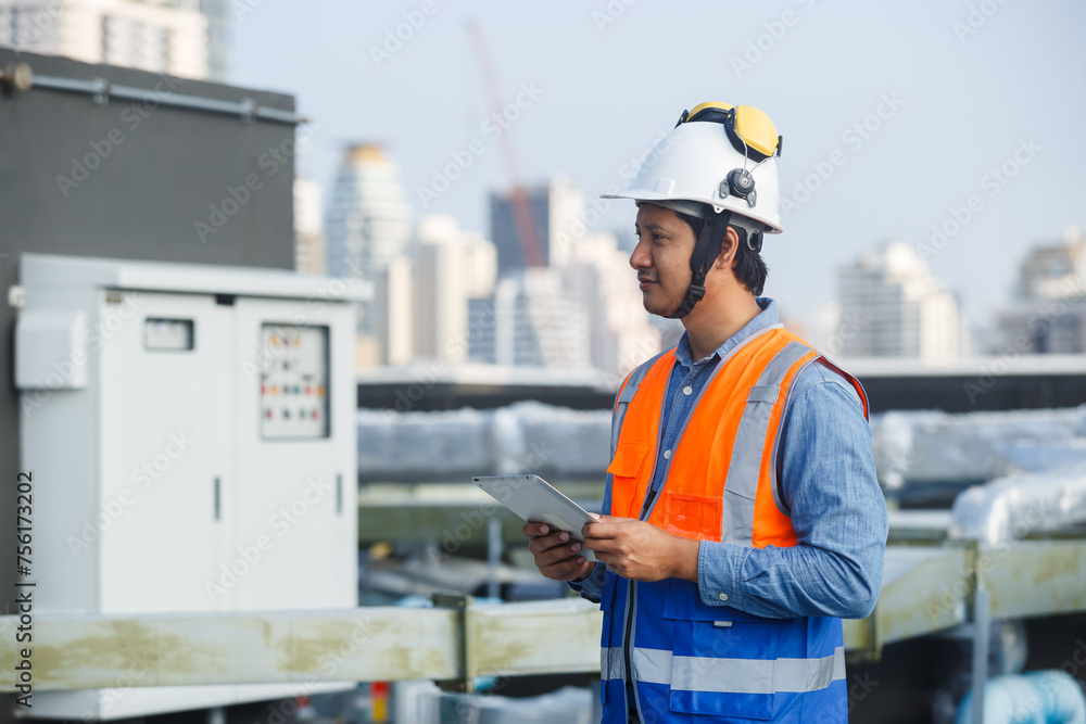 Asian man engineer holding tablet working at rooftop building ...