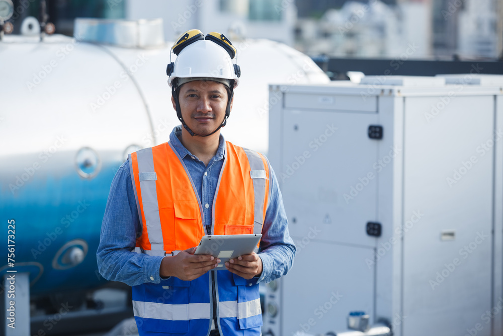 Asian man engineer holding tablet working at rooftop building ...