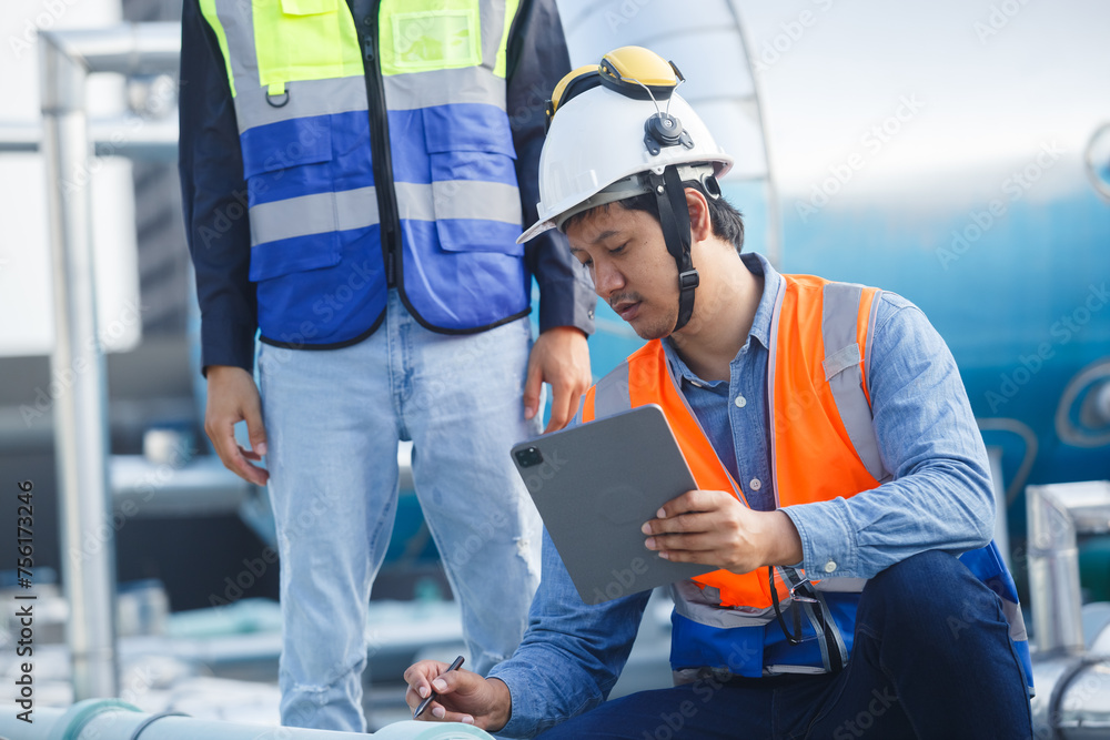 Team engineer holding tablet working at rooftop building construction ...