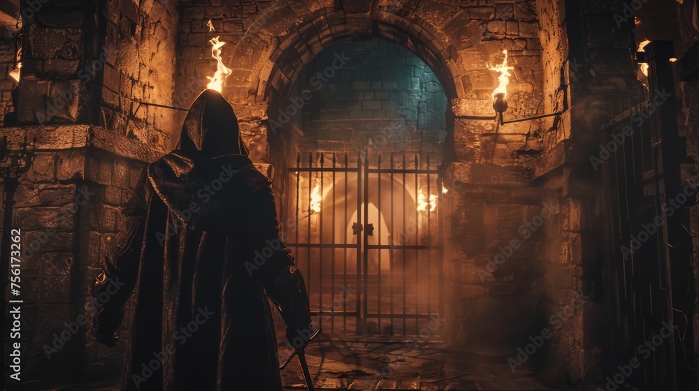 The interior of a medieval palace basement corridor is spooky and ...