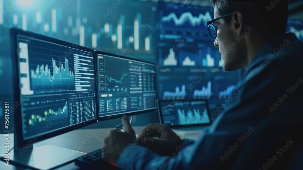 Data analyst working in front of computer looking at screen. Generate ...