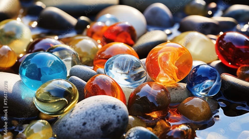 Assorted glass marbles are scattered among river stones, forming a ...