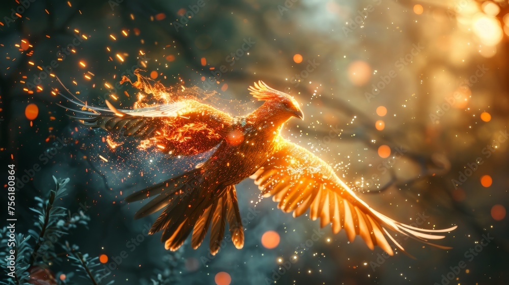 Digital art of a phoenix in flight, ablaze with fiery sparks, embodying ...